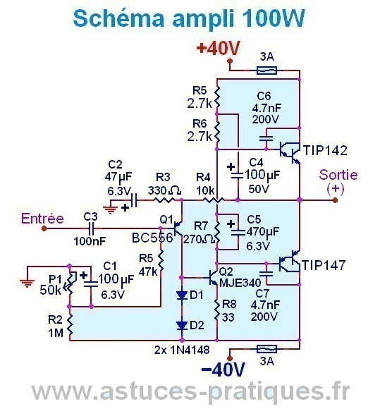 Schéma Ampli Audio Simple _ Ampli simple 50W à 200W classe AB : schéma ...